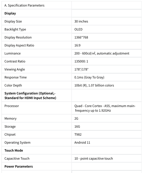 Technical specifications diagram for 30-inch OLED display