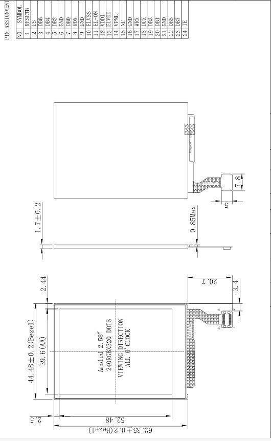 Pin definition diagram for HX260LX016L AMOLED display