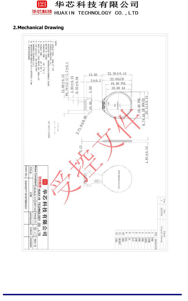 Pin definition diagram for 0.71 inch round TFT display