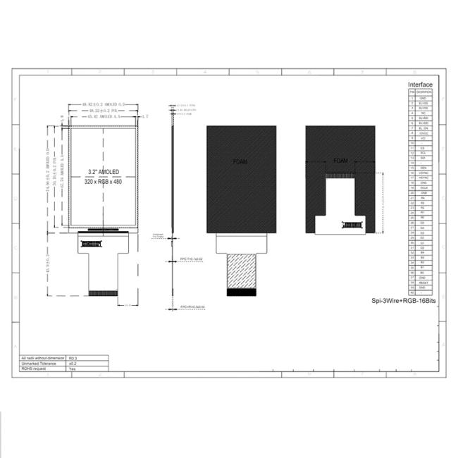 3.2 inch AMOLED display module technical drawing with dimensions