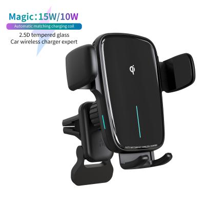 China 15W Fast Charging Wireless Car Phone Holder with Auto Matching Coil and Type C Connection for sale
