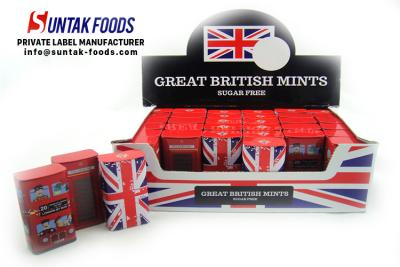 China Caramelo de menta libre del estilo del azúcar británico del viaje, caramelo formado triángulo de la caja de la lata en venta