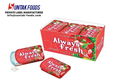 Cina Fragola acida libera Candy dello zucchero con il dente del contenitore di latta dello scorrevole amichevole in vendita