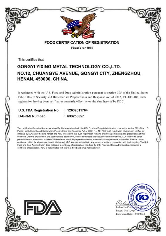 Food Certification of Registration - Henan Yongsheng Aluminum Industry Co.,Ltd.