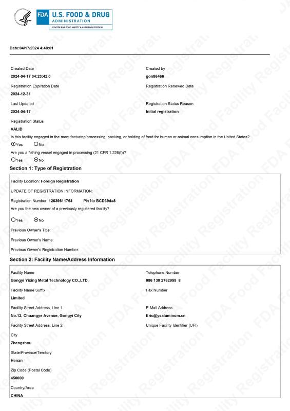 FDA - Henan Yongsheng Aluminum Industry Co.,Ltd.