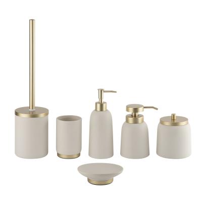 Cream Ceramic Bath Accessories Sets 6pcs Shower Dispenser With Gold Parts