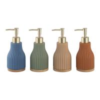 Quality Round Bath Soap Dispenser Ceramic Lotion Dispenser Vertical Stripe With Wood Base for sale