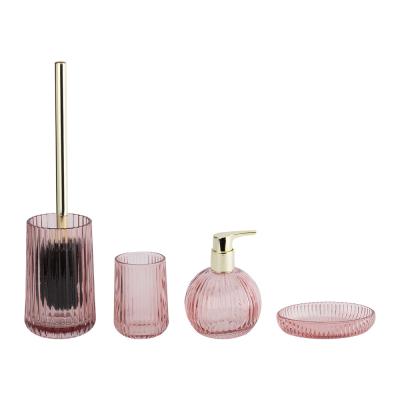 China 분홍색 유리 욕실 세트 호박 모양 수직 줄무늬 유리 로션 분배 병 욕실 책상 액세서리 for sale