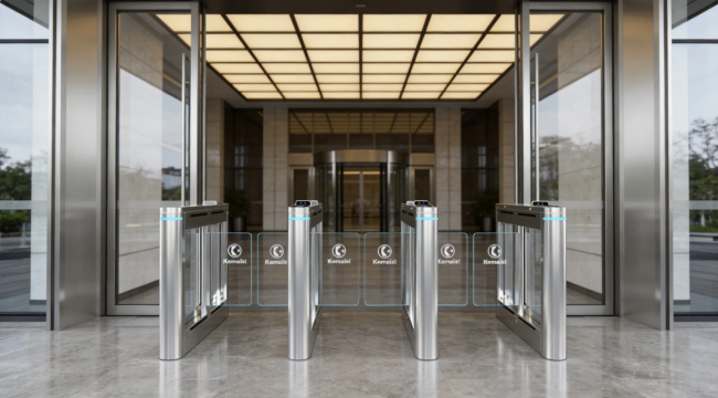 Kemaisi Smart Speed Gate Turnstile showing sleek design and glass barriers