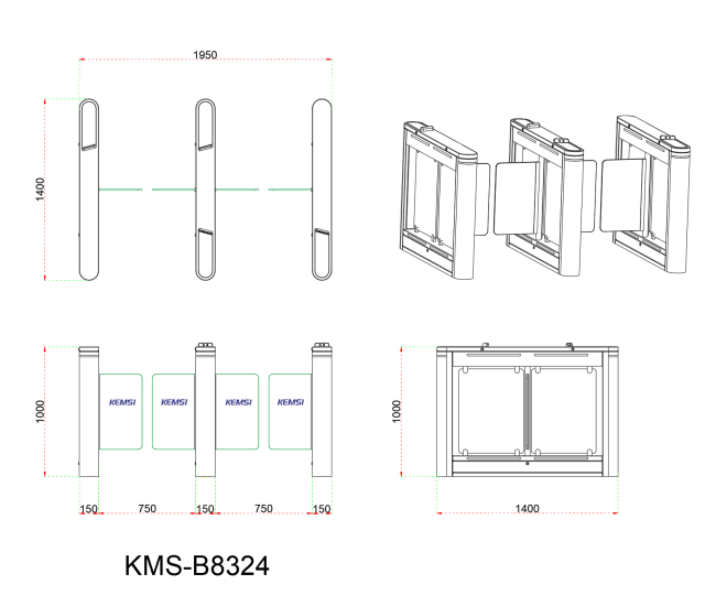 Technical diagram of speed gate turnstile components and dimensions