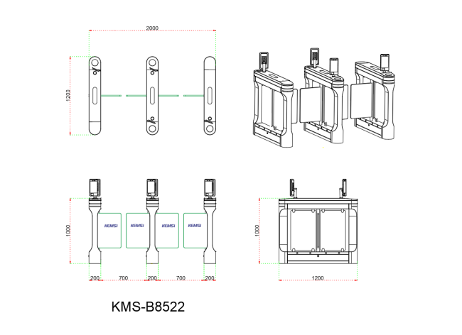 Technical diagram of optical swing barrier gate showing dimensions and components