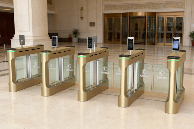 Professional installation of Kemaisi full height turnstile gate in commercial setting