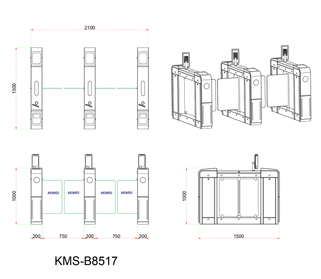 Cinema swing gate turnstile product illustration showing design and installation