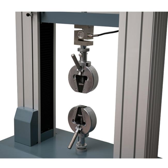 Tensile fixture and load cell close-up detail of double column universal tensile testing machine