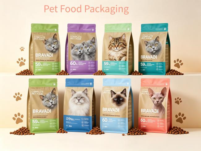 Complete series of eight-side seal cat food pouches in multiple color options, full set pet food packaging design display.