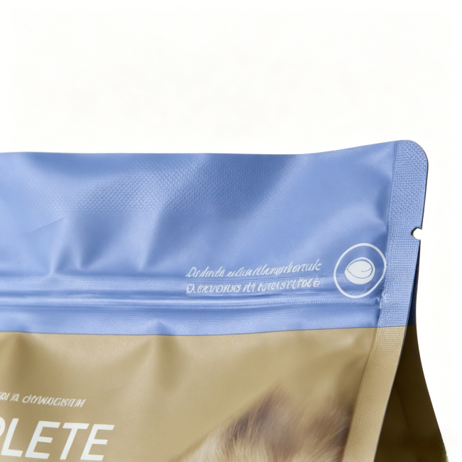 Top resealable zipper and tear notch detail on matte blue pet food packaging pouch.