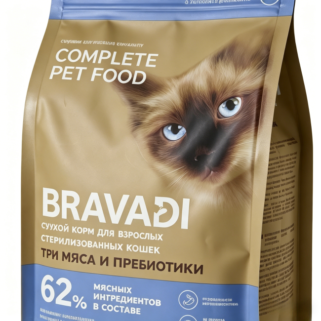 Brand name and Russian text fine printing on eight-side seal flat bottom pet food bag