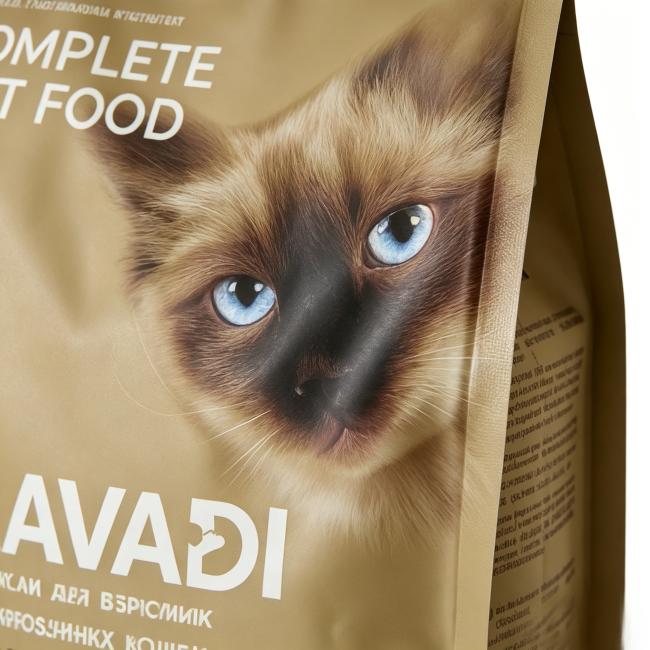 High-definition printing detail of cat portrait on matte laminated plastic pet food packaging pouch.