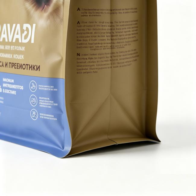 Close-up of bottom heat sealing seam on eight-side seal cat food bag, neat sealed edge of multi-layer barrier film.