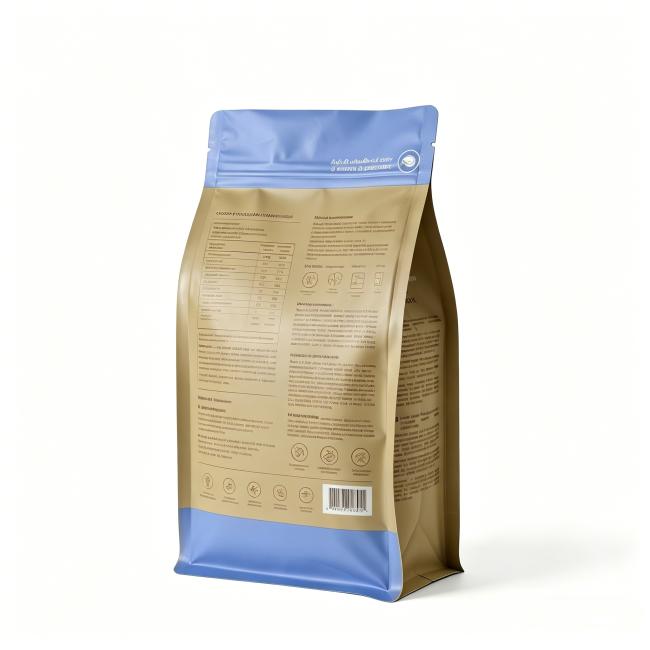 Back side of eight-side seal pet food bag, with ingredient table, text information and barcode full color printing.