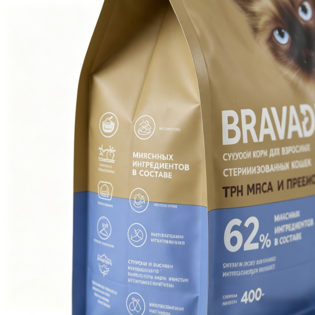 Side panel text and icon printing close-up of eight-side seal cat food packaging bag.