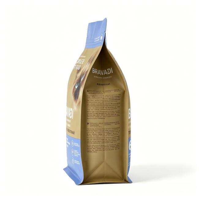 Side view of eight-side sealed cat food pouch, showing open gusset structure, sturdy flat bottom and resealable zipper.