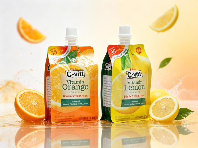 custom glossy stand up spout pouches for C-vitt orange & lemon vitamin juice, fresh floating citrus slices and water splash decorative scene, food grade transparent laminated beverage packaging with white plastic spout cap, fruit vivid full-color retail printing.