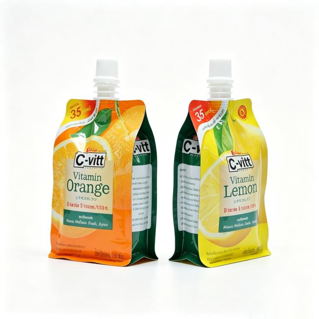 orange and lemon vitamin C glossy spout stand up pouches, citrus fruit pattern custom printing, food safe heat-seal laminated liquid packaging for portable fruit beverage.