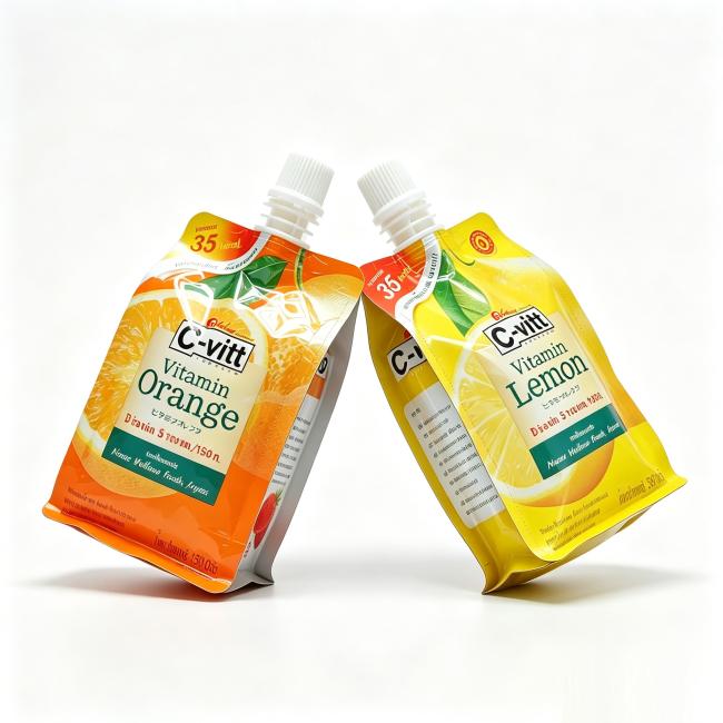 orange and lemon vitamin juice spout pouches, glossy transparent composite film, portable fruit drink packaging with white twist cap.