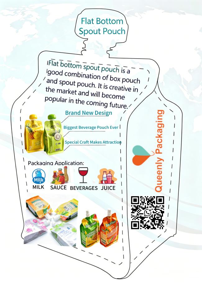 Flat bottom spout pouch packaging poster by Queenly Packaging, stand up spout bags for juice, milk, sauce and beverage