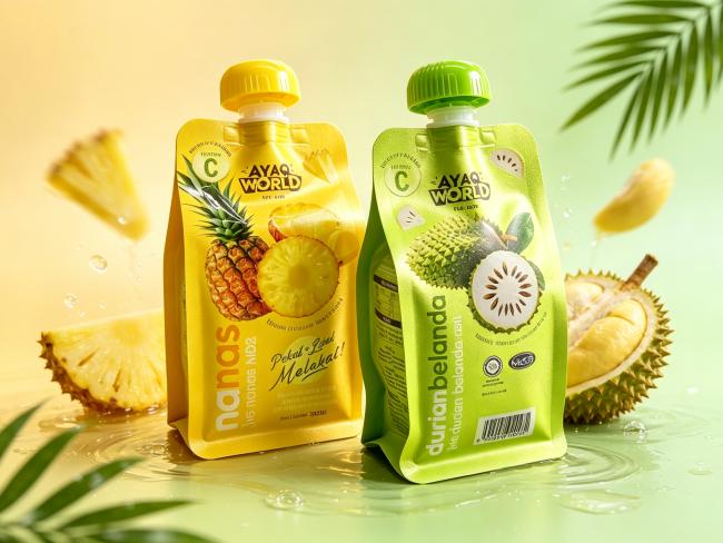 Vibrant custom printed stand up spout pouch for pineapple & soursop fruit drink, 150g food grade flat bottom juice bag with fresh fruit splash background