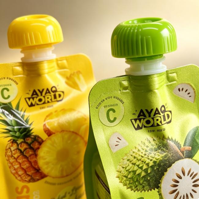 200g food grade flat bottom spout pouch custom printed for pineapple and soursop vitamin fruit drink, stand up juice spout bag with leakproof plastic cap