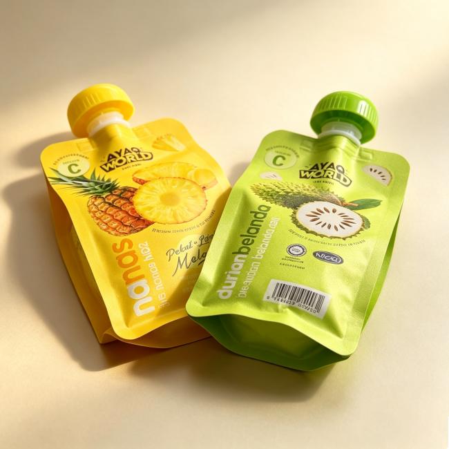 Two flavor flat bottom spout pouches for fruit drink, food grade custom printed stand up juice bags with pineapple and durian belanda design