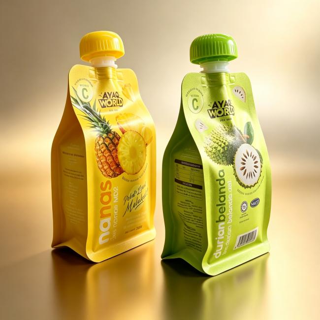 200g flat bottom stand up spout pouch custom print, food safe spout bag for tropical fruit vitamin juice, stable standing packaging with plastic spout cap