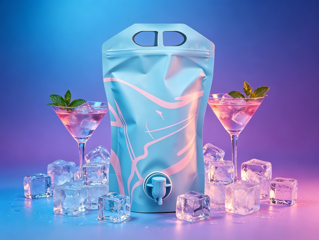Vibrant gradient blue-purple neon background lifestyle promotional shot of light blue box-in-bag wine bib pouch with pink abstract line artwork. Equipped with double die-cut carry handles, top resealable zipper and matching blue anti-leak flip tap dispenser. Surrounded by ice cubes, two martini glasses with pink cocktails and fresh mint leaves, perfect for party, cocktail, cold beverage and bulk wine marketing visuals.