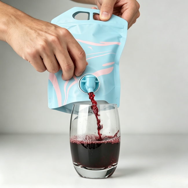 Functional operation demo photo. A hand holds the die-cut handle of the light blue wine pouch, tilting it to pour red wine through the built-in flip tap into a clear tumbler glass on plain white background, intuitively showing leak-proof and easy-pour performance of the beverage spout pouch.