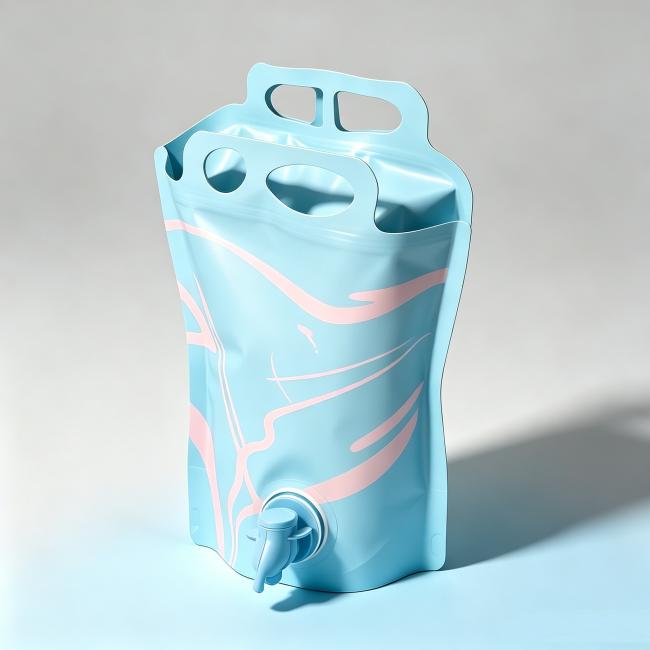 Slightly side tilted 3D studio render on neutral grey background. Fully displays the three-dimensional standing shape, top double die-cut carry holes, resealable zipper seal, pink abstract line print and bottom tap spout, demonstrating the self-supporting stand-up structure of the liquid beverage pouch.