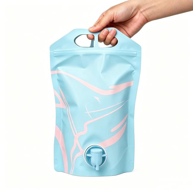 Lifestyle hand-held shot showing fingers gripping the integrated die-cut carry handle, fully presenting the portable carrying design, front full pink pattern printing, zipper top and bottom dispensing tap, emphasizing retail takeaway convenience.