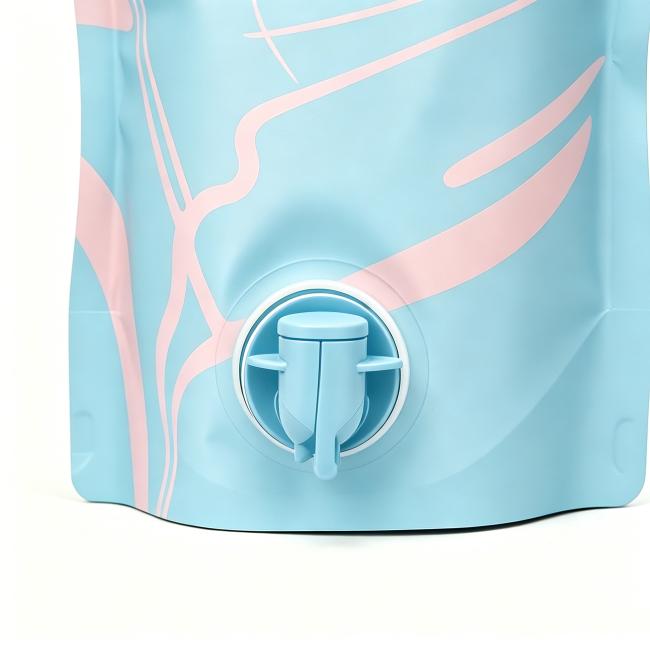 Straight-on close-up of the bottom flip tap valve on clean white backdrop, showcasing symmetrical flip tabs, pouring nozzle and circular sealed installation edge, standard detail photo for packaging specification introduction.