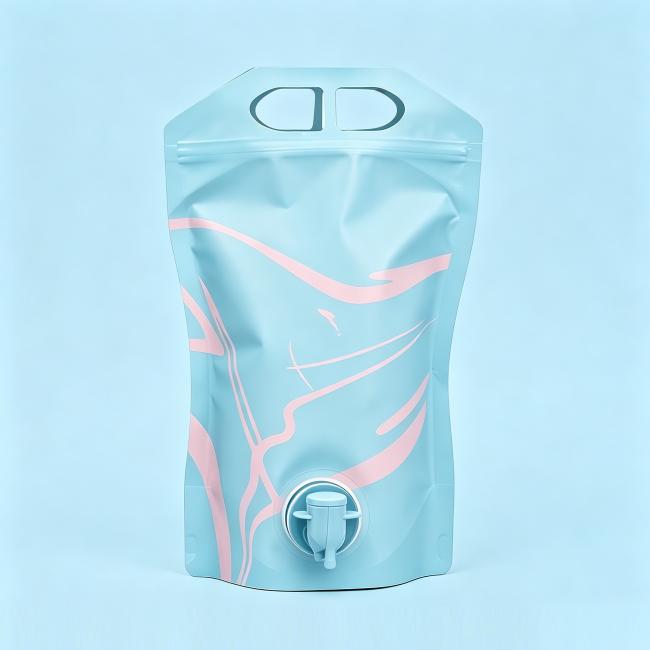 Minimalist official catalog product shot on solid light blue matching background. Front full view of the complete wine pouch: die-cut dual carry handles, top resealable zipper, pink abstract line artwork and integrated dispensing tap, high-resolution formal listing photo for packaging suppliers.