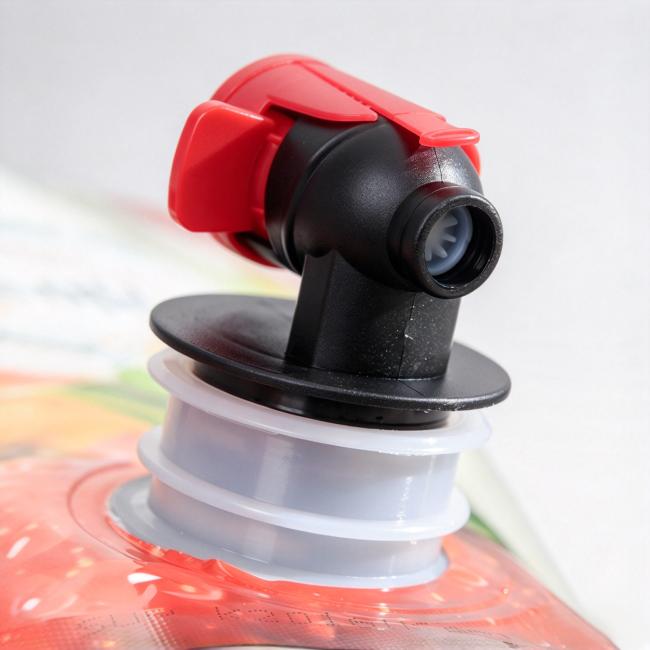 Close‑up of red dispensing tap spout for bag‑in‑box liquid juice pouch, high barrier beverage packaging fitting