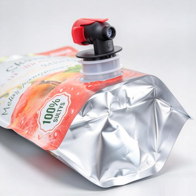 Side view stand‑up BIB juice pouch with aluminium foil inner layer, fitted with red dispensing tap for fruit juice