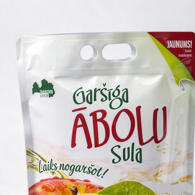 - Top section close‑up of BIB apple juice pouch, die‑cut carry handle with custom branded printing for liquid beverage