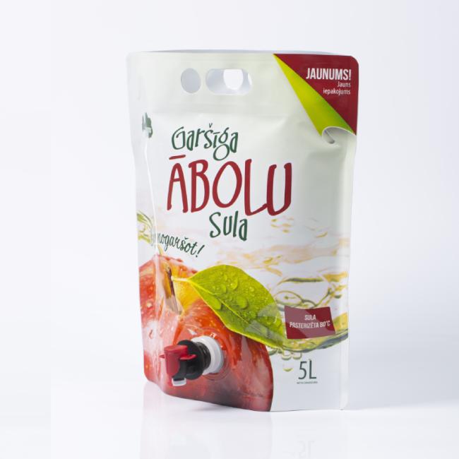 5L stand‑up bag‑in‑box apple juice pouch with dispensing tap, retail fruit drink flexible packaging