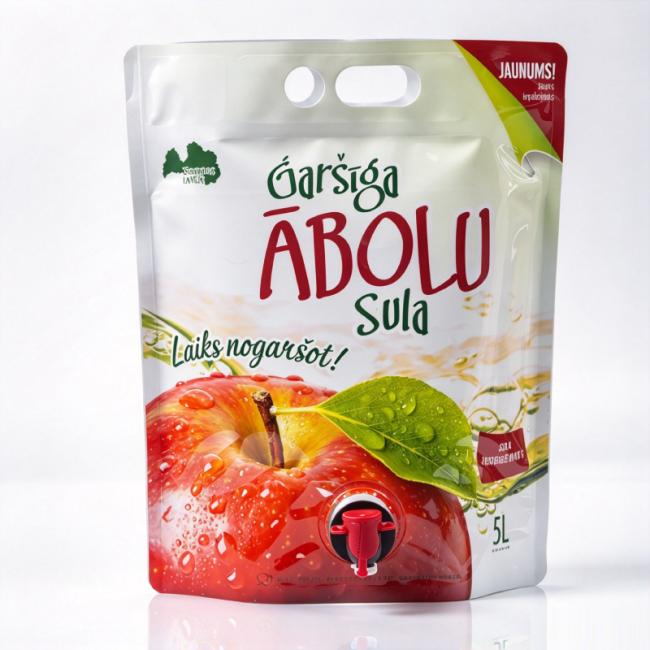 5L bag‑in‑box apple juice pouch with tap spout, custom printed flexible beverage pouch on clean white background
