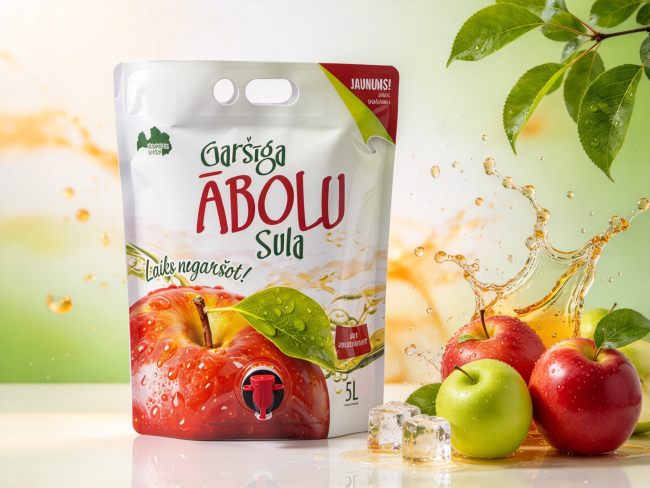 5L stand‑up BIB bag‑in‑box pouch, custom printed bib pouch, apple juice beverage packaging, bib pouch with butterfly tap valve, bib pouch with die cut handle, fruit juice liquid bib bag, high barrier bag‑in‑box pouch, food safe liquid flexible packaging, retail ready juice bib pouch, large volume fruit drink packaging