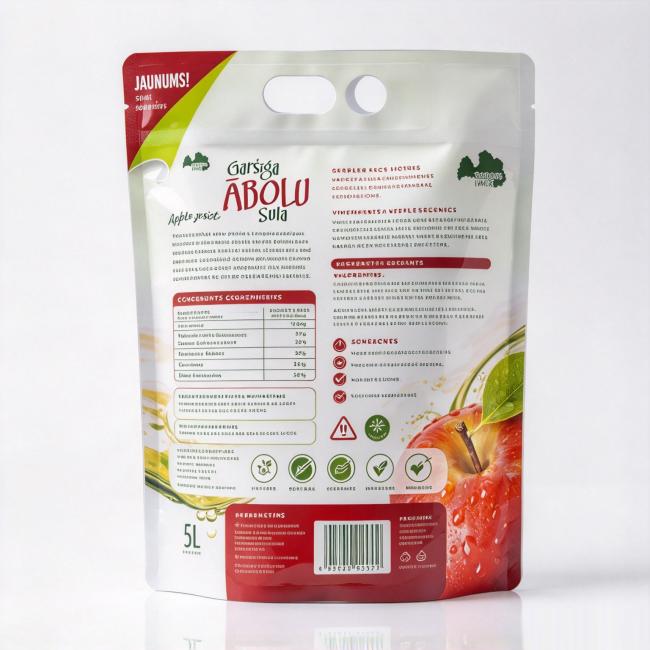 5L custom printed bag‑in‑box apple juice pouch back view with nutritional facts label, food‑grade flexible beverage packaging with carry handle