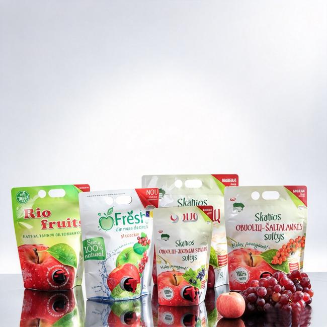 Collection of multi‑size custom printed bag‑in‑box juice pouches, wholesale flexible packaging for assorted fruit beverages