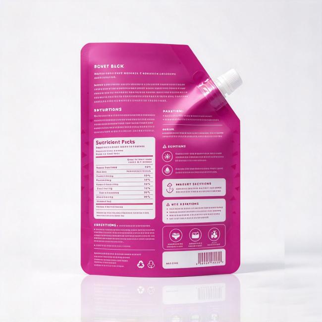 custom spout pouch with printed nutrition facts label, flexible packaging for probiotic drink mix supplement