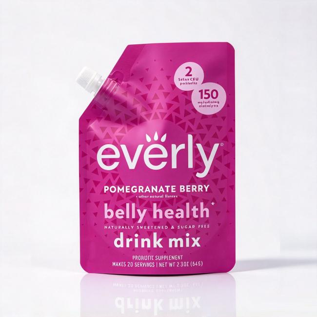 magenta stand‑up spout pouch, custom flexible packaging for pomegranate berry probiotic drink mix